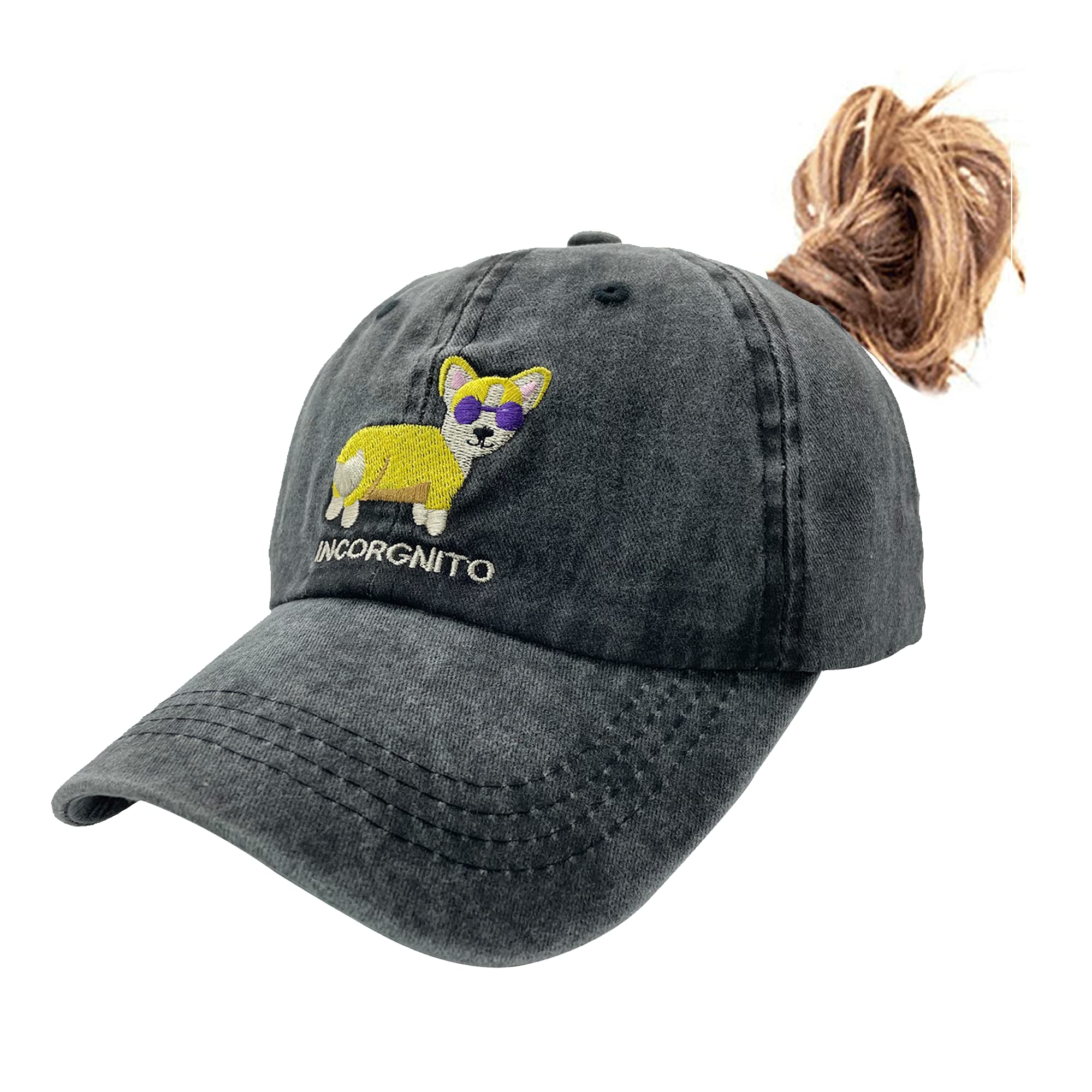 NVJUI JUFOPL Women's Incorgnito Corgi Ponytail Baseball Cap Embroidered Vintage Dad Hat Black