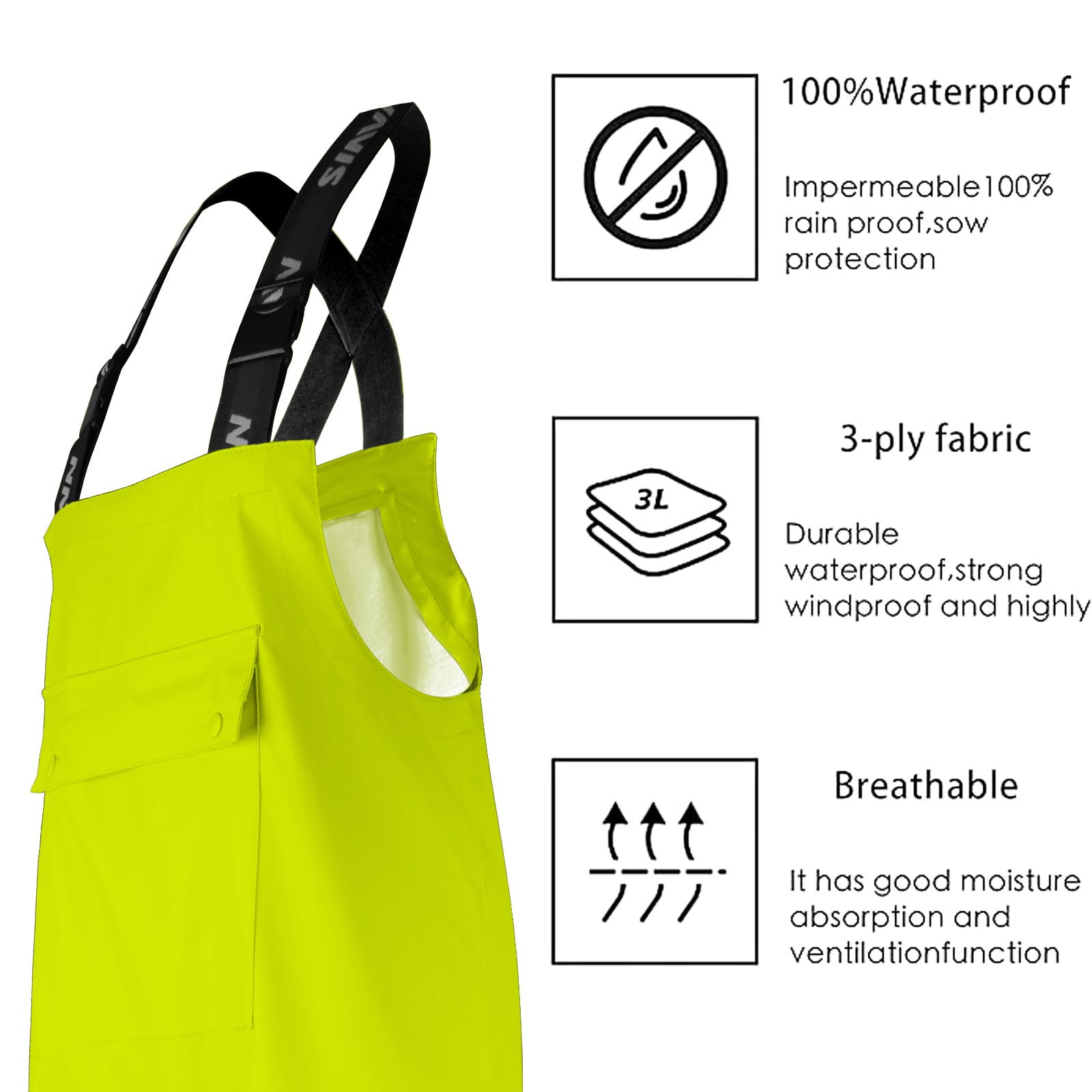 NAVIS MARINE Bib Pants Overall Waterproof for Men Women Rain Trousers with Pockets (Fluorescence, Small)