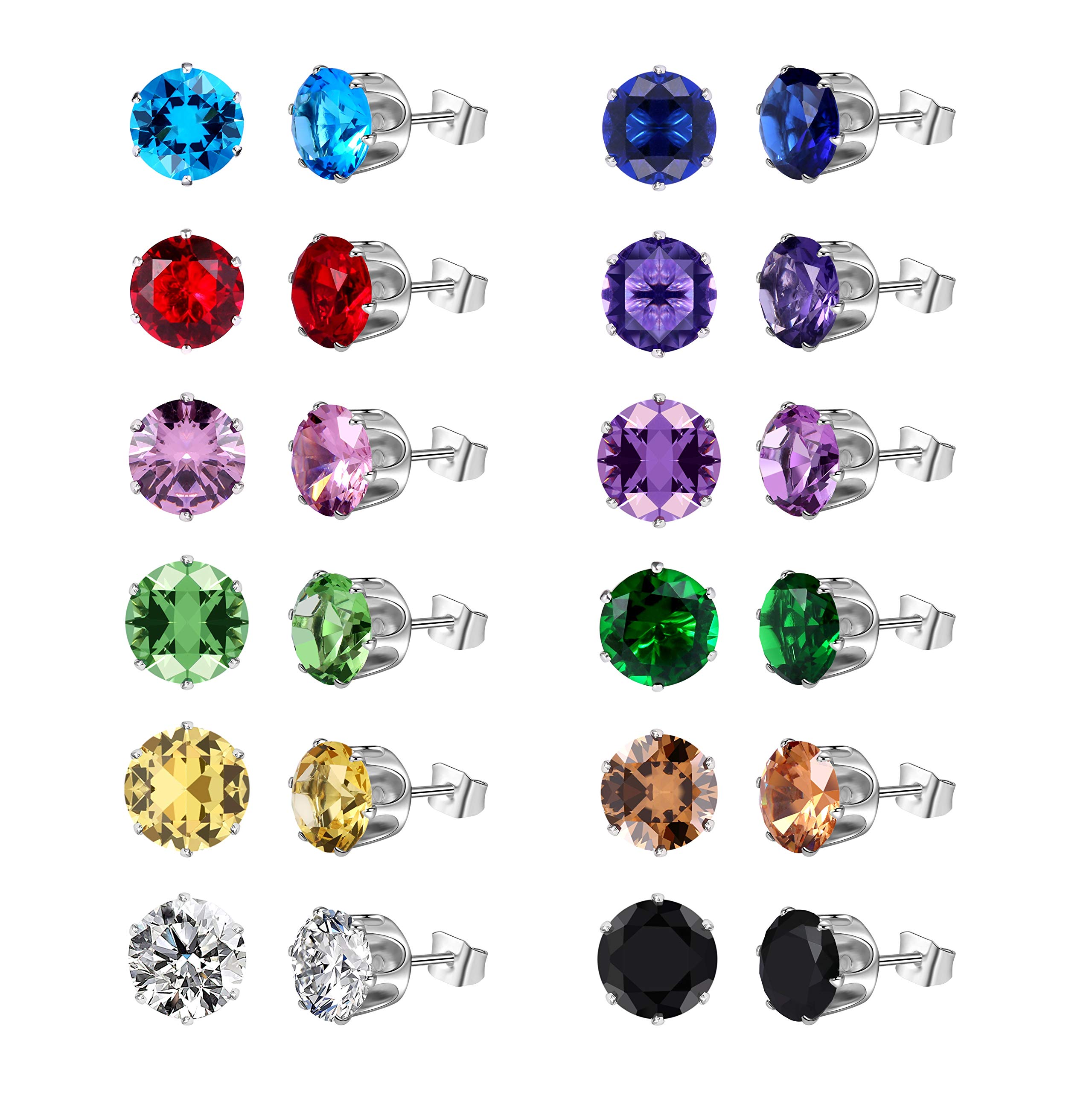 MOOCHI 12 Pairs AAAA Quality Round CZ Stud Earrings Set 5mm Solid Color Gemstones Silver Plated Brass Hypoallergenic Piercing Earring for Women Girls