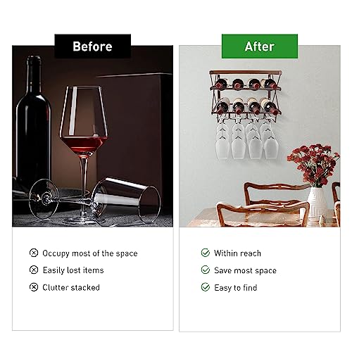 OOir onOO Wall Mounted Wine Rack - Wood Rustic Wine Bottle Glass Floating Shelves Holds with Stemware Rack, 8 x Glasses and 11 xWine Bottles for Kitchen,Dining Room,Bar,15 Inch(Brown)