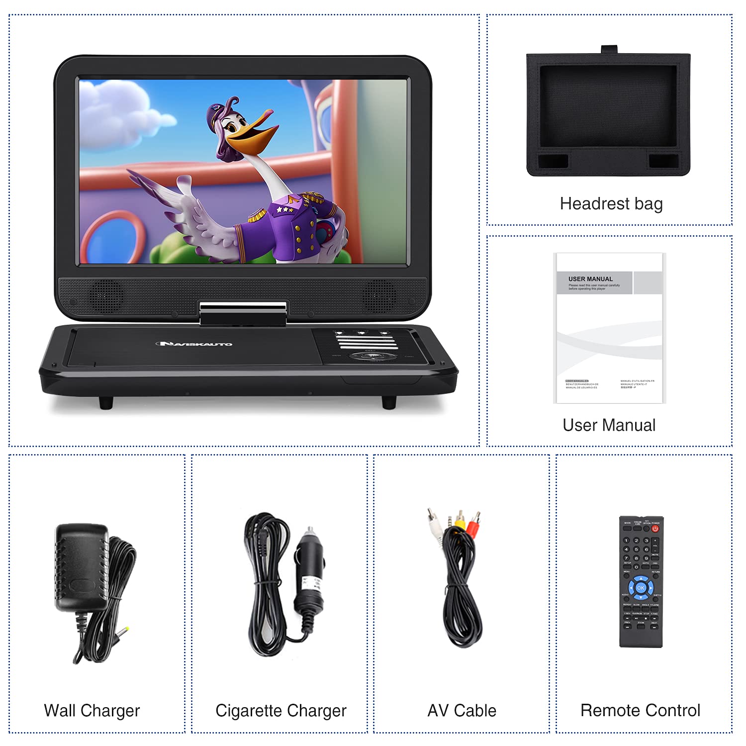 NAVISKAUTO 13" HD Portable DVD Player with HDMI Input, Swivel Screen, Rechargeable Battery, AV in/Out, Support 1080P Video