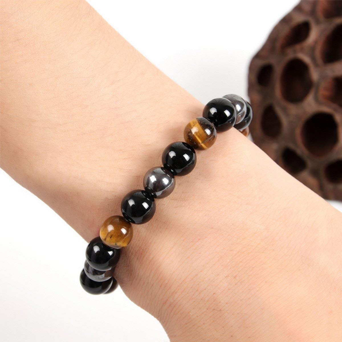 Mseleuq Triple Protection Bracelet Black Obsidian Tiger Eye Stone Bracelets for Protection Bring Luck and Prosperity Hematite (10MM)