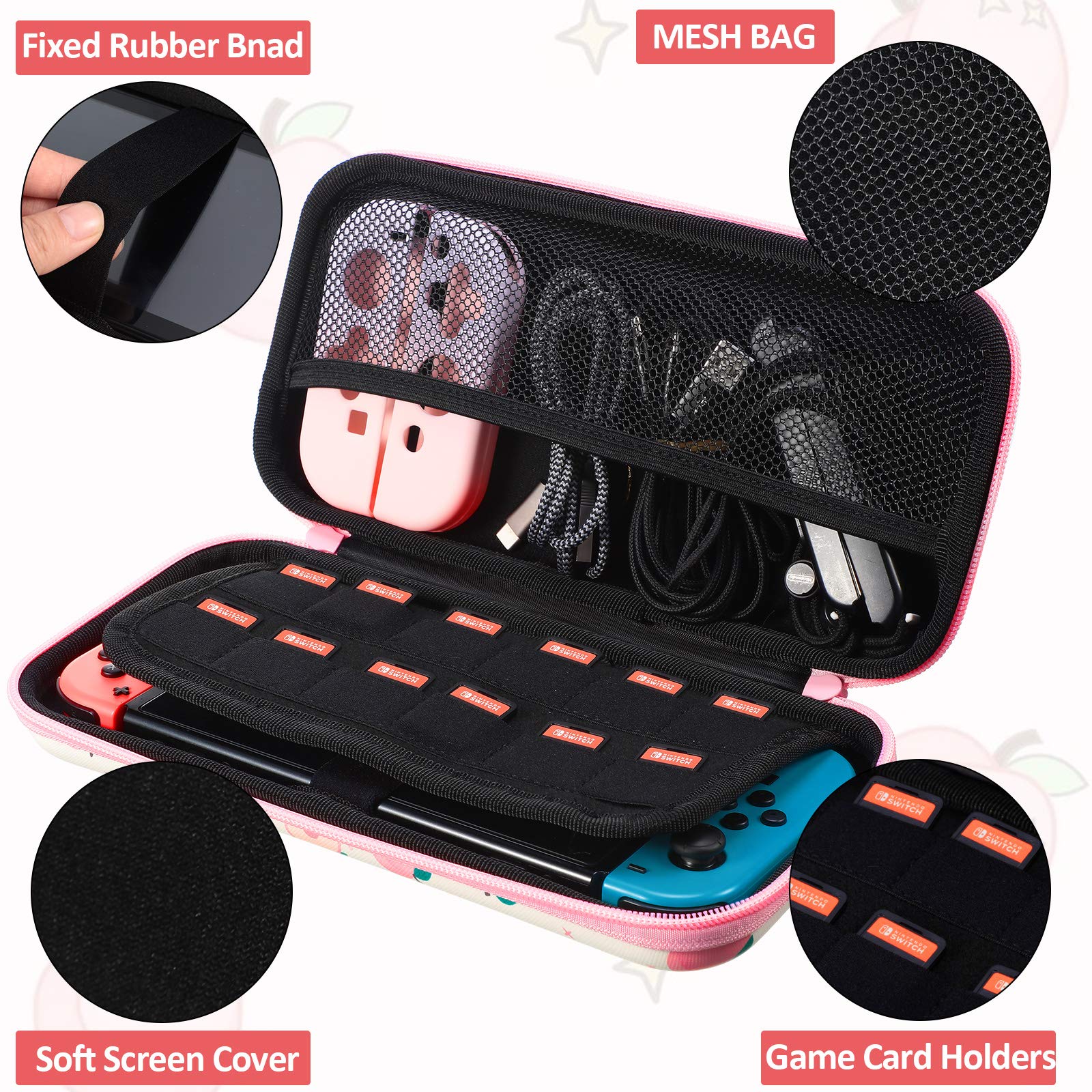 Peach Patterns Hard Shell Travel Carrying Case Portable and Protective Case with 2 Pieces Thumb Grip Caps Compatible with Nintendo Switch Accessories [Video Game]