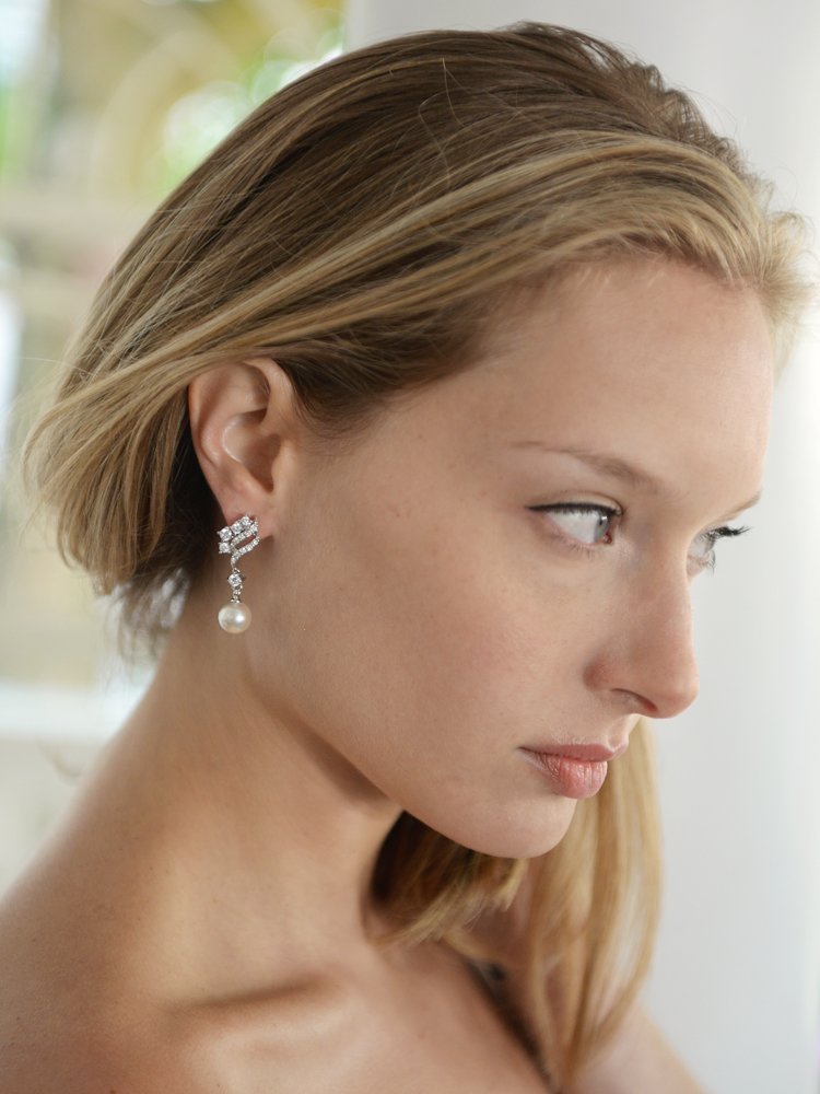 Mariell Pearl Drop Wedding Bridal Earrings, Cubic Zirconia and Pearl Drop Earrings for Brides, Bridesmaid
