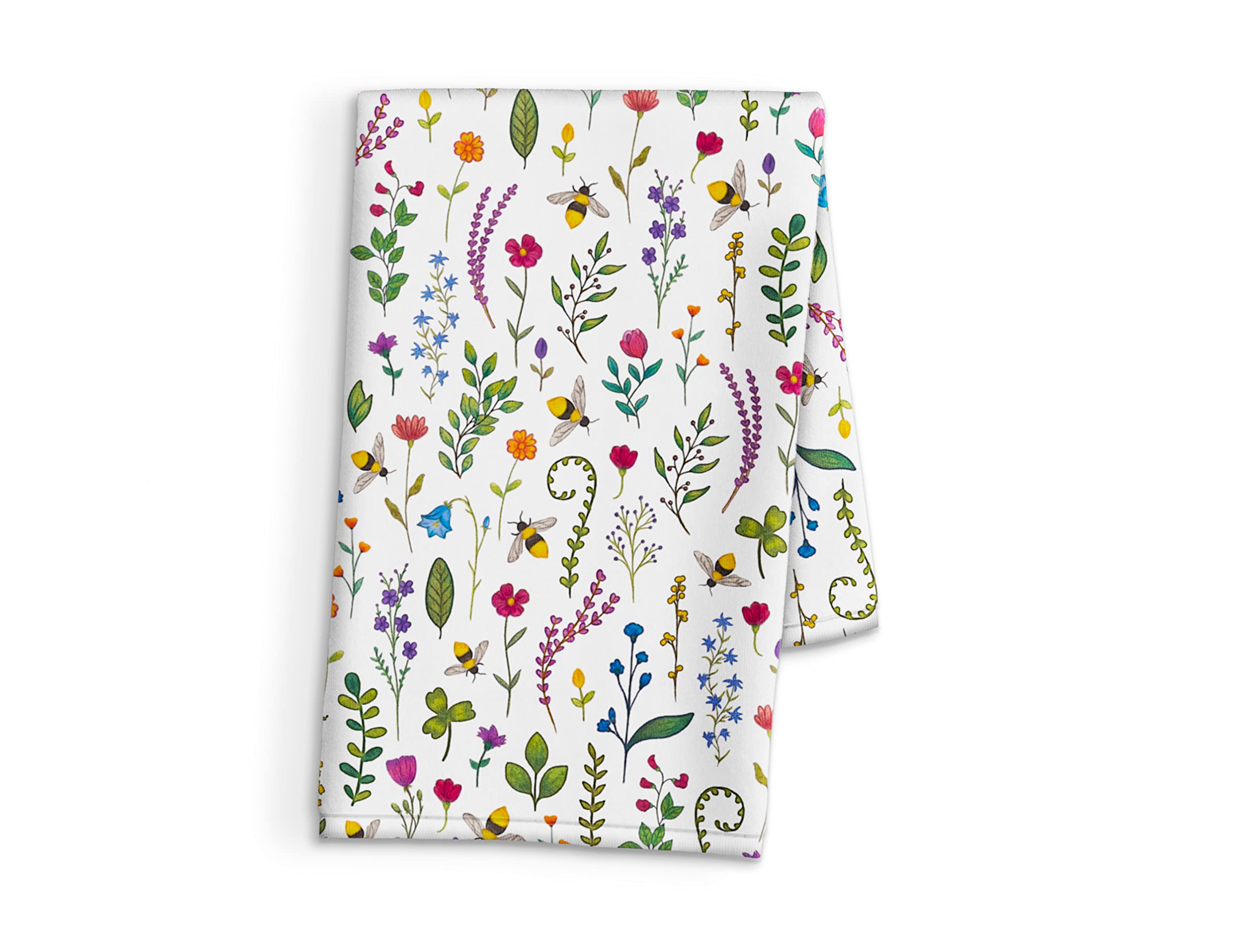 Spring Flower Print Hand Towel - Bumblebee Kitchen Towel - Bathroom Hand Towel - Cotton Terry Cloth - 15"x25"