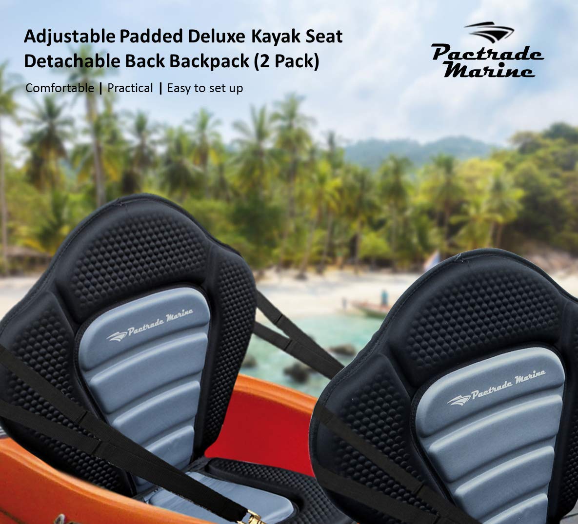 Pactrade Marine Adjustable Straps Black Gray Extra Padded Deluxe Kayak Seat Detachable Storage Backpack Bag Canoe Backrest Support Cushion Sit On Top Fishing Brass Clips Canoeing Kayaking Rafting (2)