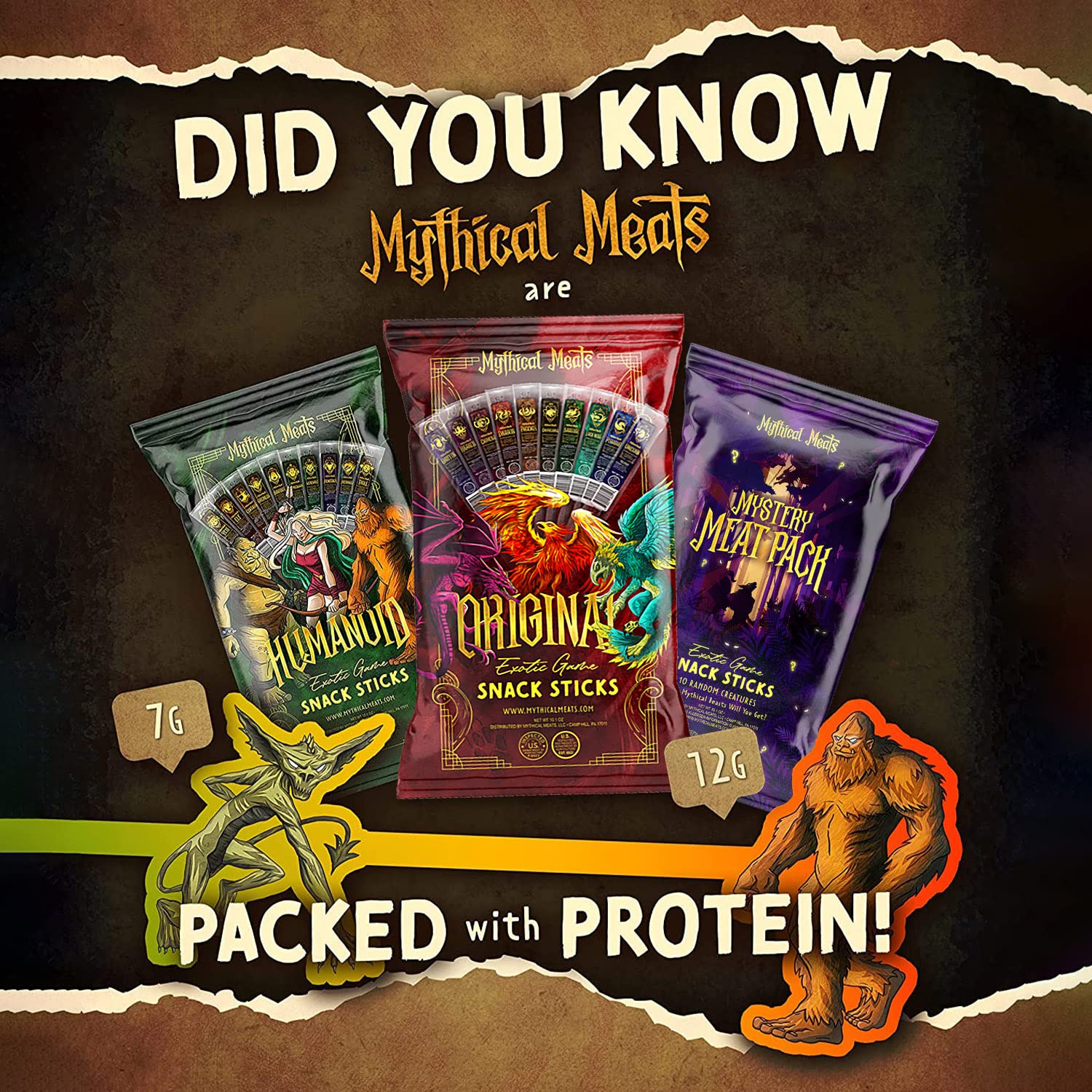 Mythical Meats Original Exotic Flavor Sampler Pack β 10 Exotic Game and Beef Snack Sticks β Dried & Dehydrated Meats Seasoned to Perfection β High Protein Snacks