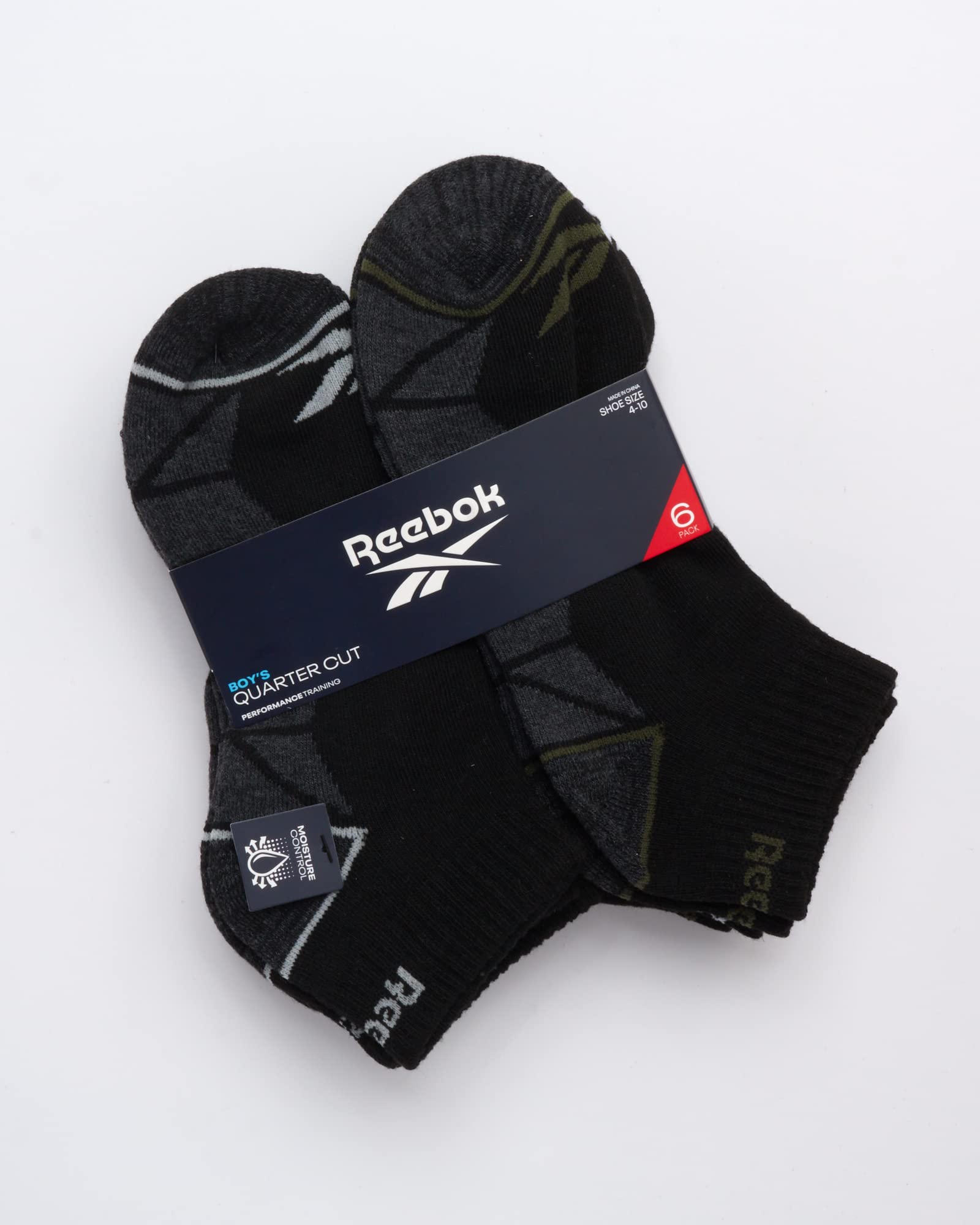 Reebok Boys' Quarter Socks - 6 Pack Stretch Performance Quarter Cut Arch Support Socks - Cushioned Athletic Socks for Boys, Size Large, Black/Grey