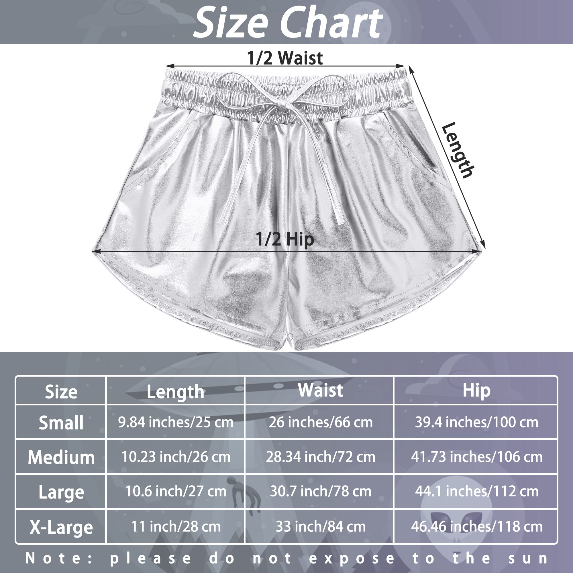 SOMSOC 2 Pack Halloween Women's Metallic Drawstring Shorts Hot Shiny Sparkly Rave Yoga Pants with Alien Headband Glasses
