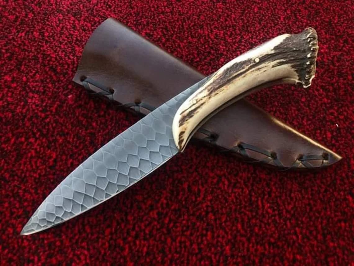 PSK206 - Antler Engraved Hunting Knife | Custom Handmade D2 Steel Knife | Leather Sheath