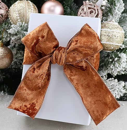 MAYREEL Copper Crushed Velvet Ribbon Wired 2.5" x 10 Yards Christmas Wired Edge Ribbon Copper Christmas Decorations Copper Ribbon for Gift Wrapping Wreath Tree Topper Bow Making Crafts