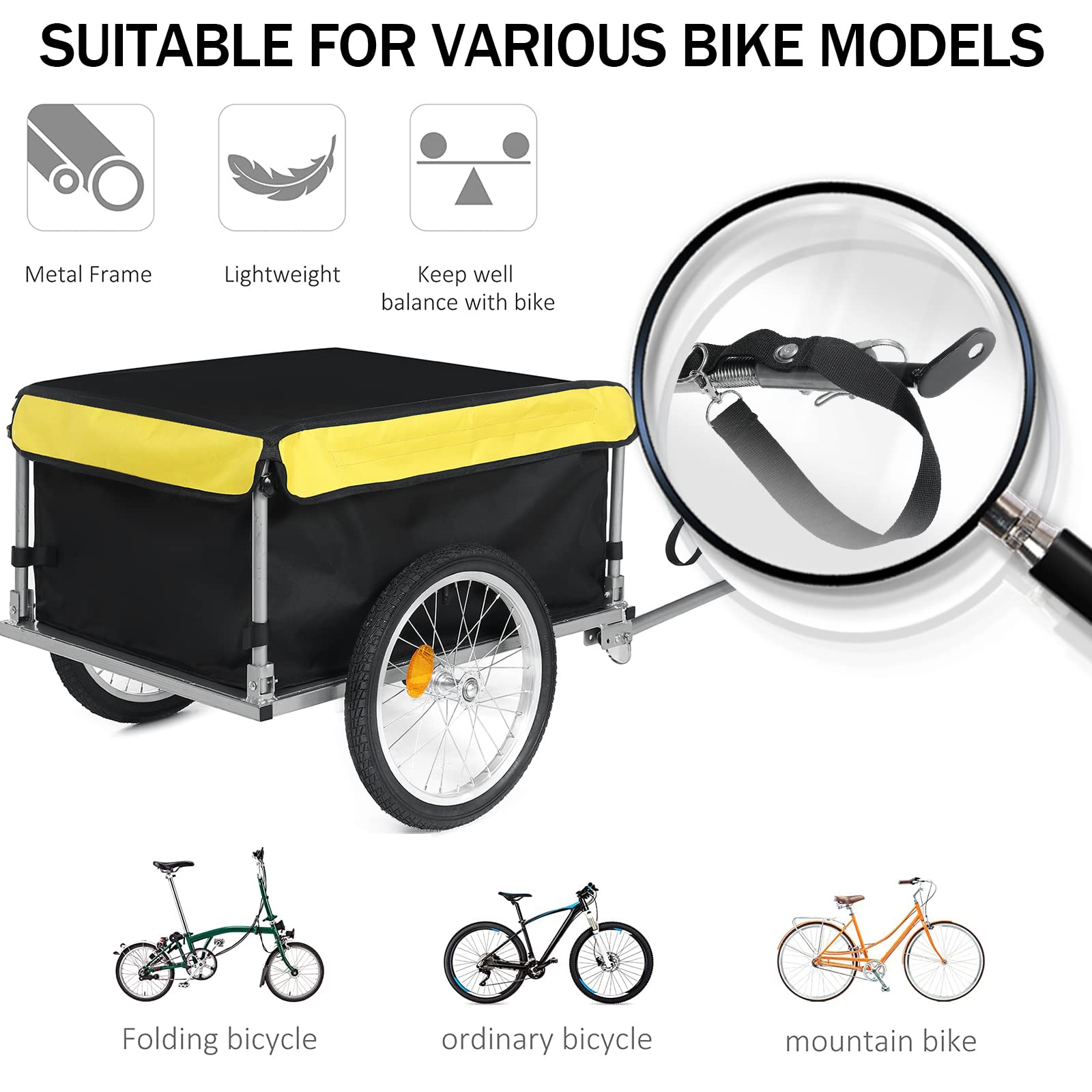 Sefzone Bike Trailer Cargo Foldable 143 lbs Max Load, with Removable Box and 600D Oxford Cover, 2x16'' Inflatable Wheels, Aluminum Bicycle Cargo Trailer w/Hitch, for Luggage, Tools, Groceries