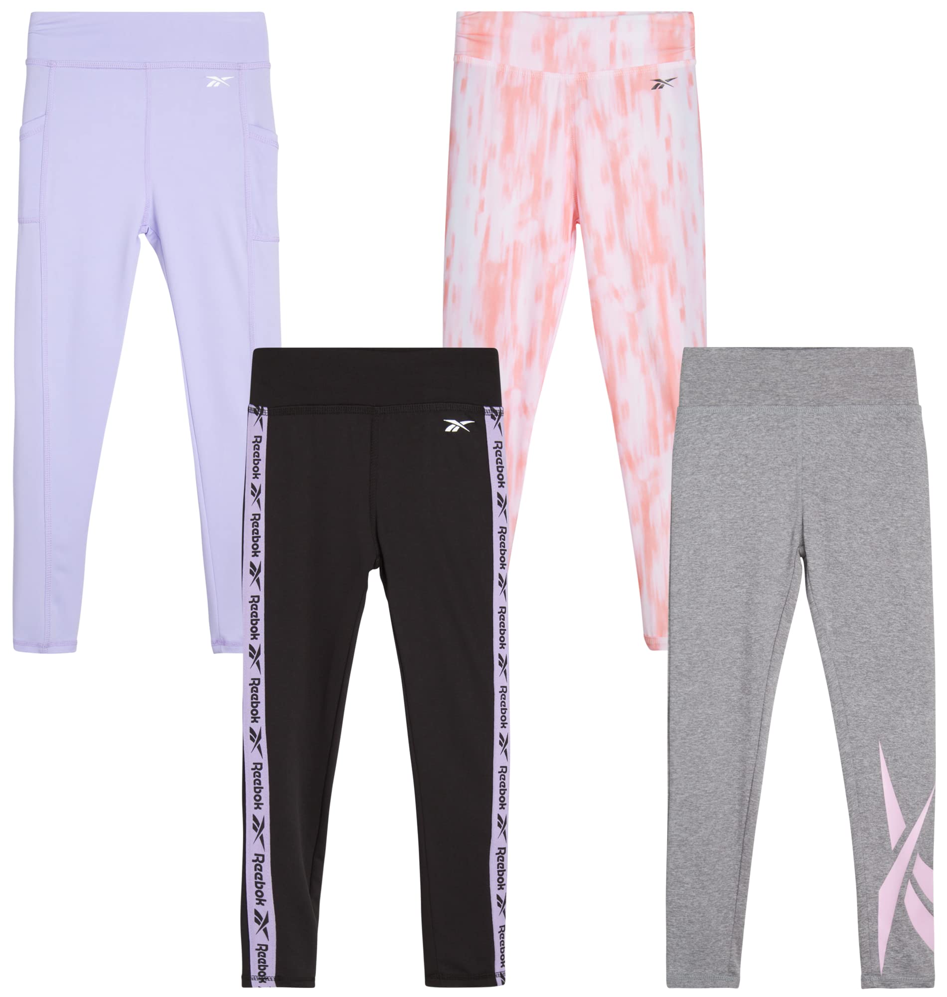 Reebok Girls' Leggings Multipack - 4 Pack Performance Stretch Pants Kids Clothing Bundle, Size 7, Lilac/Black/Grey/Dye