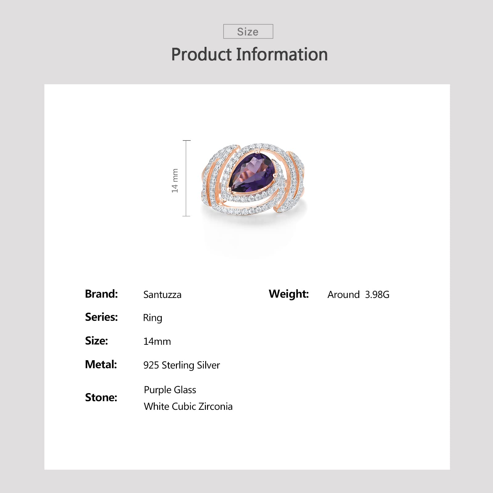Santuzza 925 Sterling Silver Pear Shape Purple Glass Ring Cubic Zirconia 14K Rose Gold Plated Ring for Women (10)