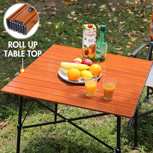 PORTAL Lightweight Aluminum Folding Square Table Roll Up Top 4 People Compact Table with Carry Bag for Camping, Picnic, Backyards, BBQ, Brown