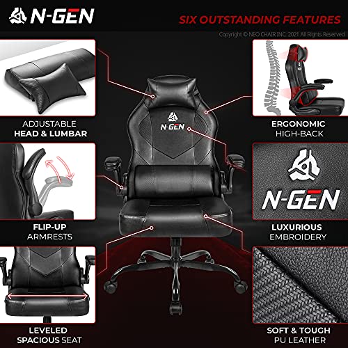 N-GEN Gaming Chair Ergonomic Office PC Desk with Lumbar Support Flip Up Arms Levelled Seat Style Headrest PU Leather Executive High Back Computer for Adults Women Men (4. Black)