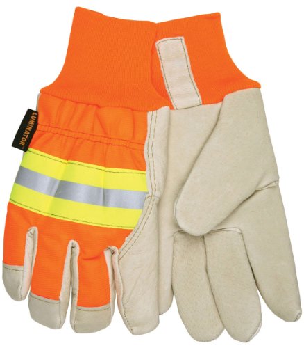 MCR Safety 3440L Luminator Grain Pigskin Thermosock Lining Driver Men's Gloves with Wing Thumb, Cream/Orange, Large, 1-Pair