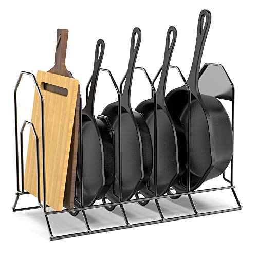 MUDEELA 6 Tier Heavy Duty Pan Organizer, Pan Rack Holds Cast Iron Skillets, Griddles and Shallow Pots, Pan Organizer Rack for Cabinet Kitchen, Durable Steel Construction, No Assembly Required