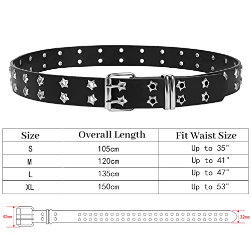WHIPPY Double Grommet Belt for Women Men PU Leather Double Prong Buckle Vintage Punk Rock Jeans Belts (Black, XL)