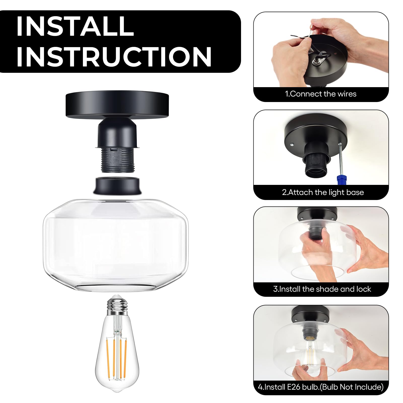 Modern Industrial Semi Flush Mount Light Fixture with Clear Glass Shade - Pendant Lights for Dining Room, Kitchen, Bedroom and Hallway