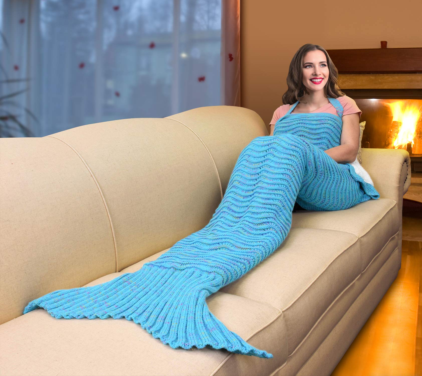Mermaid Tail Sherpa Blanket, Super Soft Warm Comfy Sherpa-Lined Knit Mermaids with Non-slip Neck Strap, for Girls Women Adults Teens Birthday Blue