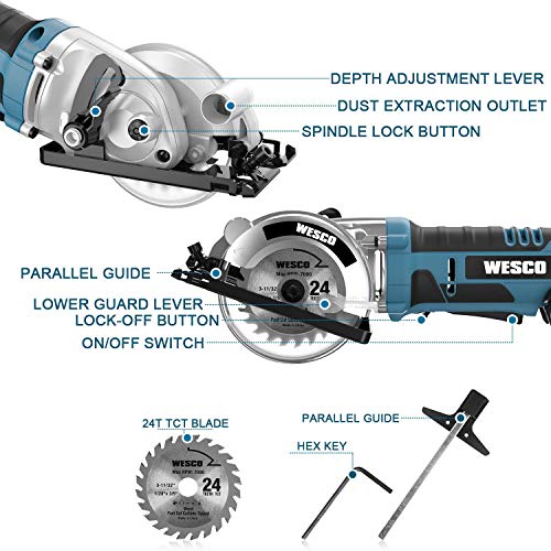 WESCO 3-3/8 Inch Cordless Mini Circular Saw, 20V Circular Saw, Maximum Cutting Depth 1-1/8 inch, with 2.0Ah Battery and Quick Charger Parallel Guide and Hex Wrench, 1 x 24T TCT Saw Blade for Wood