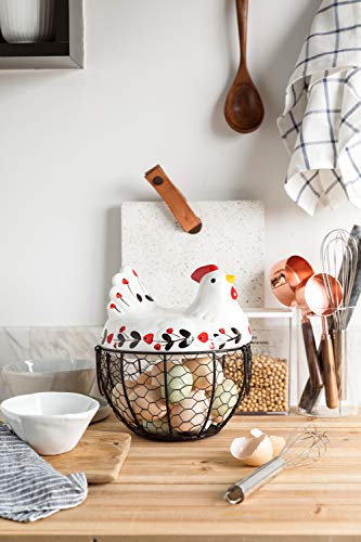SURVEEL Black Wire Egg Storage Basket with Ceramic Chicken Shaped Top Egg Basket with Handles for Fresh Eggs Cute Chicken Kitchen Home Décor
