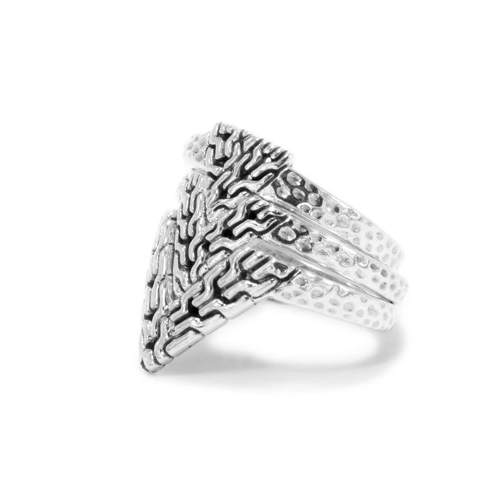 Sarda - .925 Sterling Silver 21mm Chainlink & Hammered Chevron Three Stackable Rings Set - Handmade by Bali Artisans - Size 8