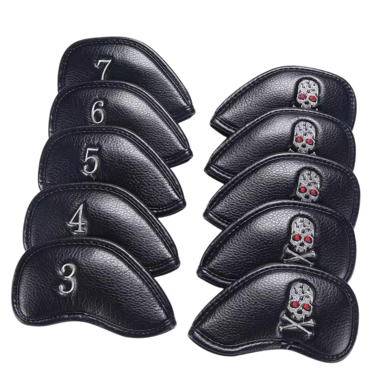 PU Leather Golf Iron Covers Headcovers - Golf Headcovers for Golf Clubs - 10pcs/ Set Golf Club Protective Case fits for Men Taylormade, Mizuno MP JPX, PXG 0311 (Black with Skull)