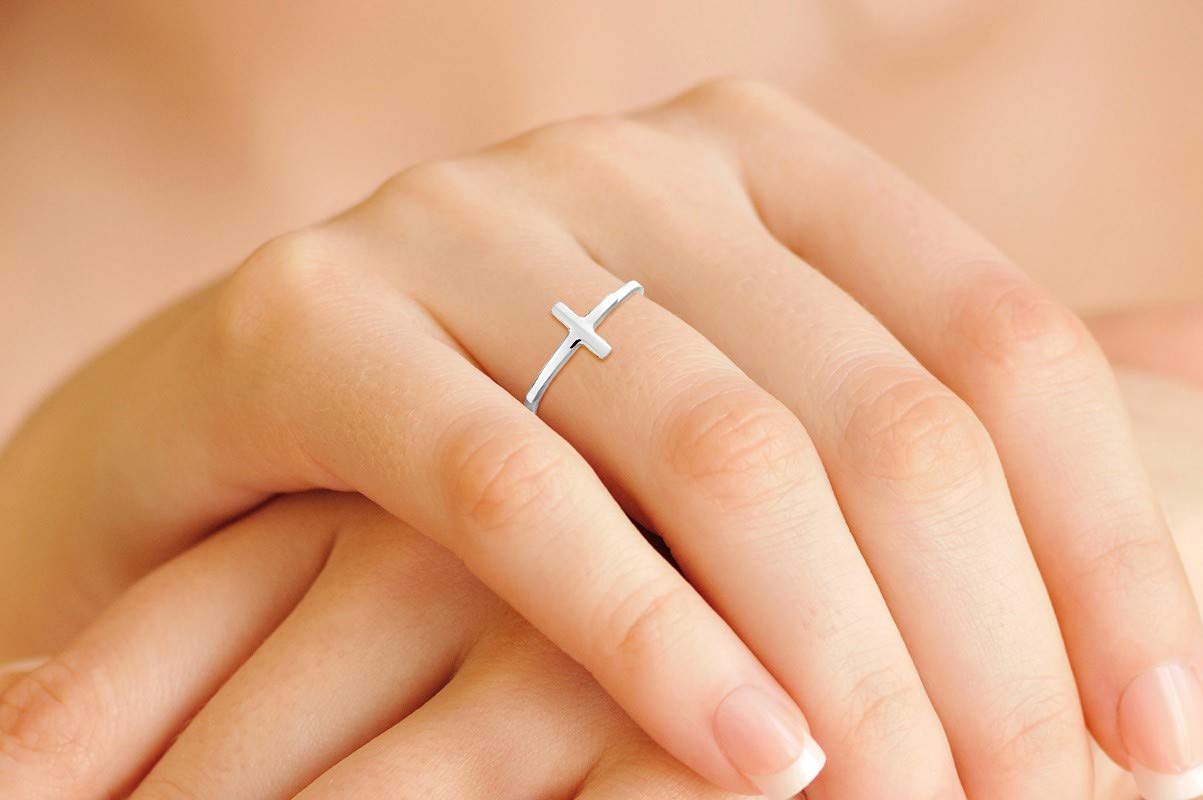 Miabella 925 Sterling Silver or 18K Gold Over Silver Sideways Cross Ring for Women Made in Italy (sterling silver, 5)