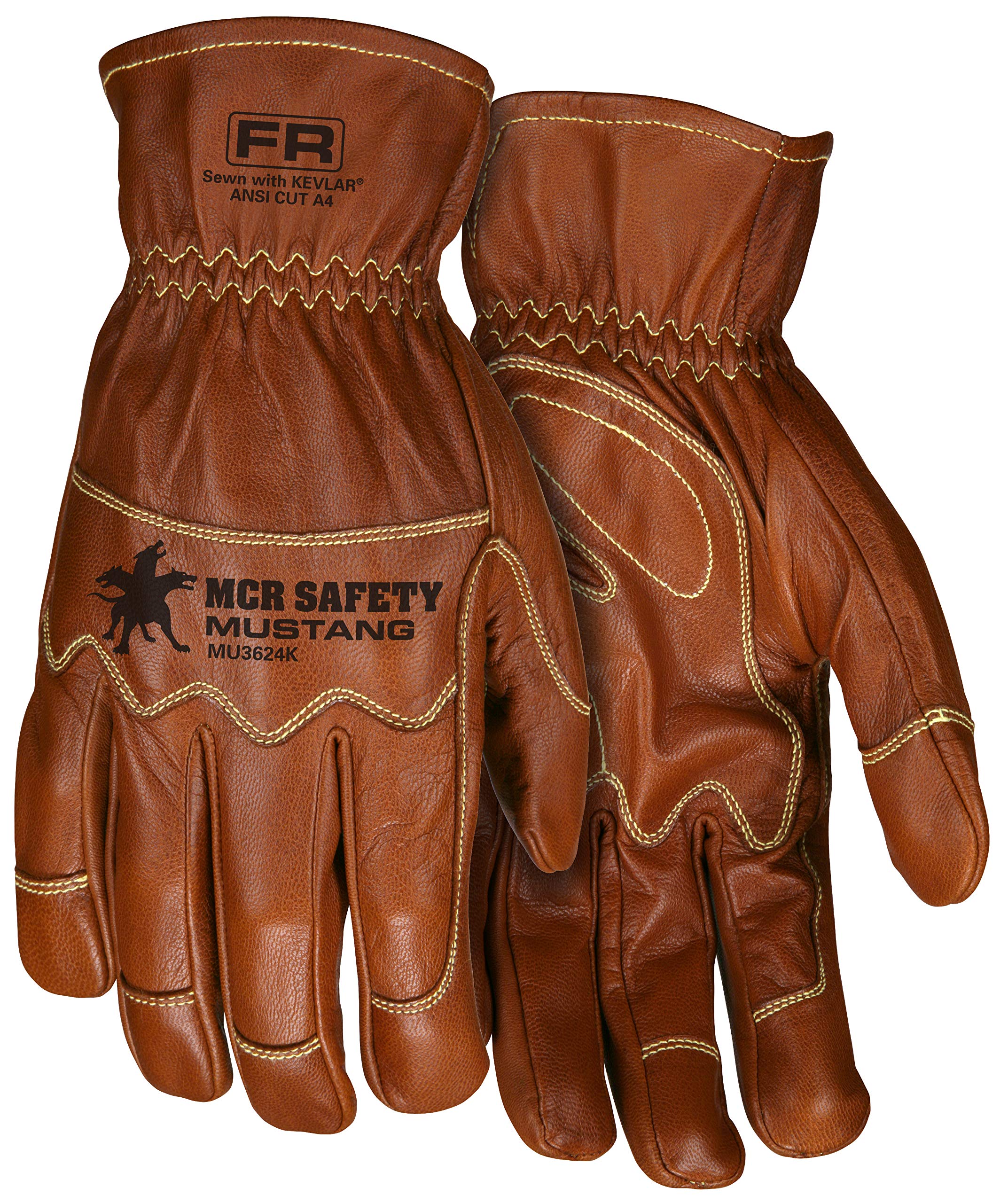MCR Safety MU3624KXL Mustang Utility Driver Glove, Premium Grain Goat Double Palm, DuPont™ Kevlar® 360 liner, Wing Thumb, Sewn with Kevlar®, Hand Protection, 1 pair, Size X-Large, Brown