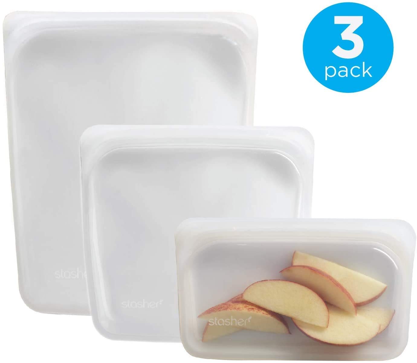 Stasher Reusable Silicone Food Bag, Sandwich Bag, Snack Bag and 1/2 Gallon Bag, Sous Vide Bag, Storage Bag (Clear, 3 Pack)
