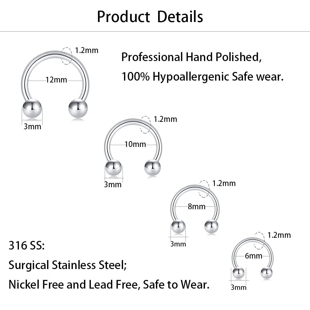 SENLANSP 12PCS 16G Stainless Steel Nose Septum Rings Horseshoe Spike Lip Rings EarringEyebrow Piercing Ring Simple yet Elegant for Women Men (silver)