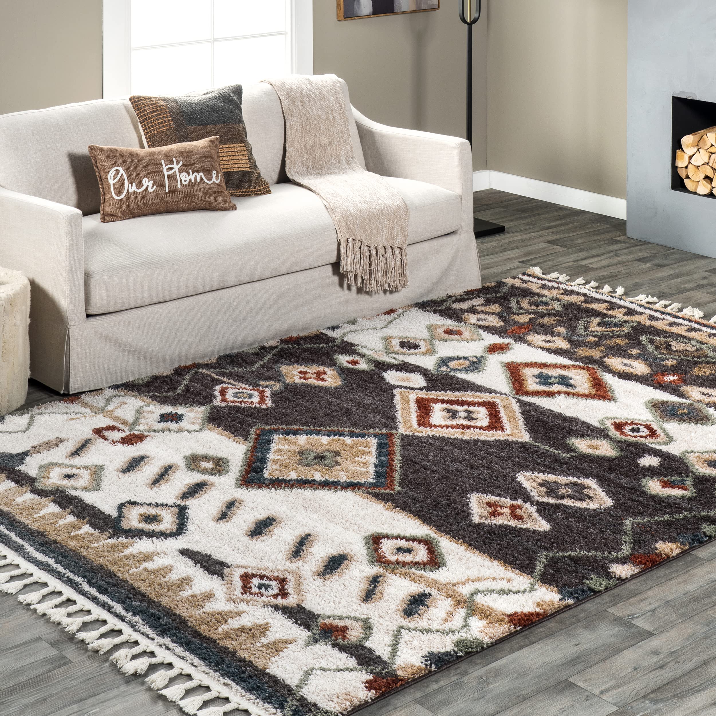 nuLOOM Rosemarie Bohemian Soft Shag Tassel Area Rug, 6' 7" x 9', Grey