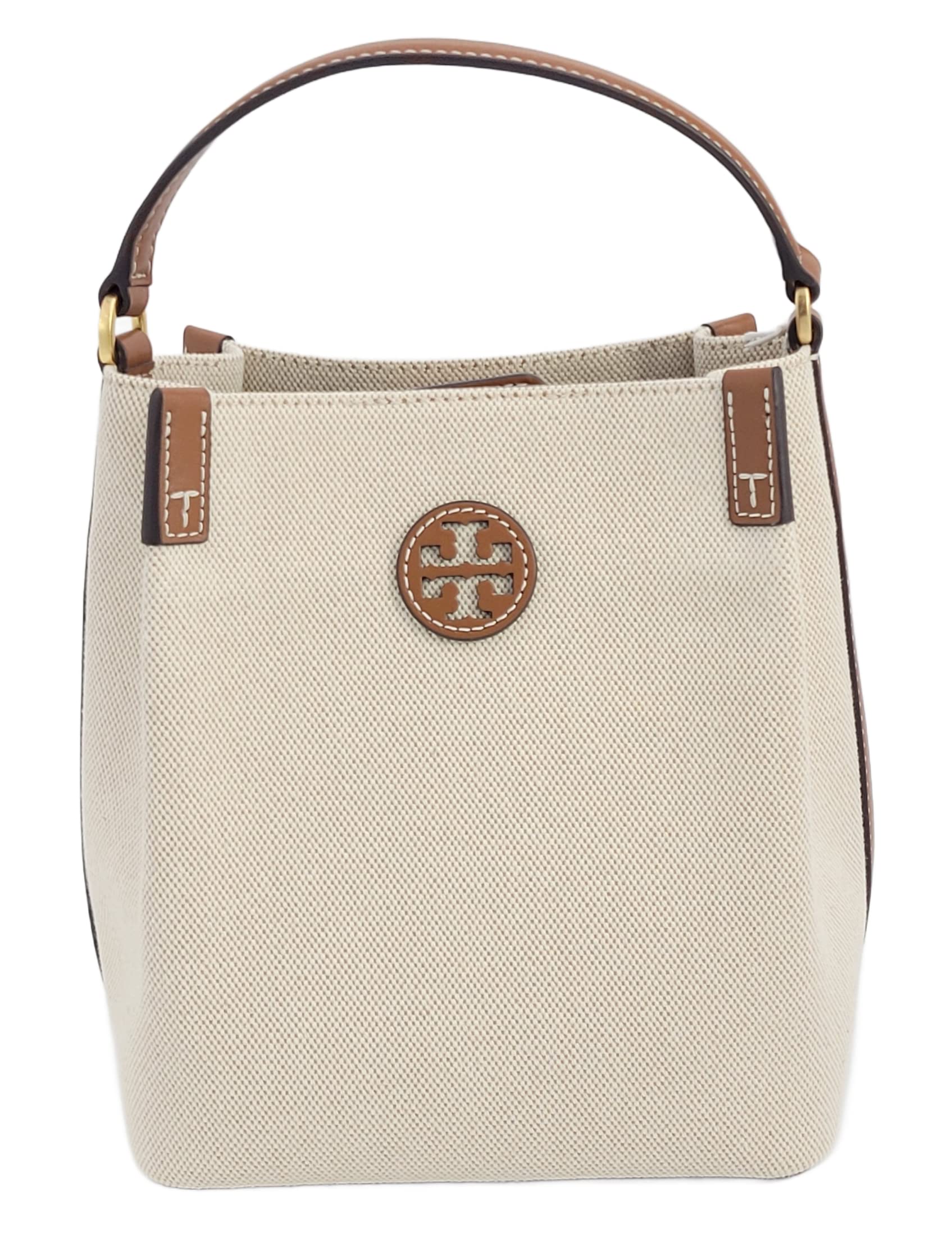 Tory Burch 86843 Blake Natural Khaki/Brown Leather With Gold Hardware Canvas Women's Bucket Bag