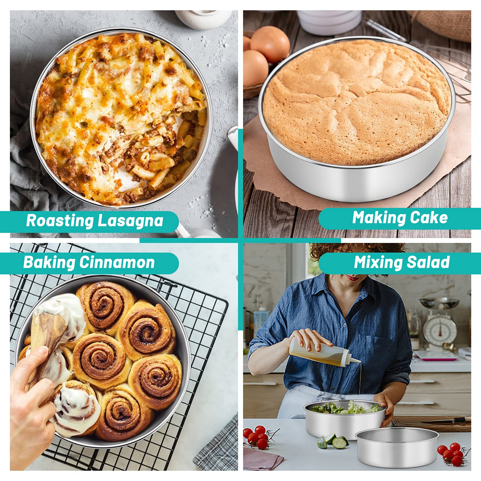 TeamFar 6/8 / 9 Inch Cake Pan, Stainless Steel Round Baking Pan for Cake Brownie Lasagna, Non-Toxic & Heavy Duty, 3β Deep Wall & One Piece, Smooth & Dishwasher Safe-Set of 3