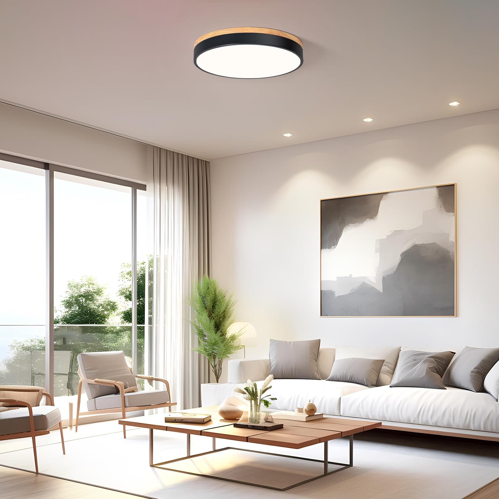 Modern Wood Flush Mount Ceiling Light, White LED Kitchen Light Fixture, Round Ceiling Lamp for Bedroom,Foyer, Hallway, Laundry,Living Room