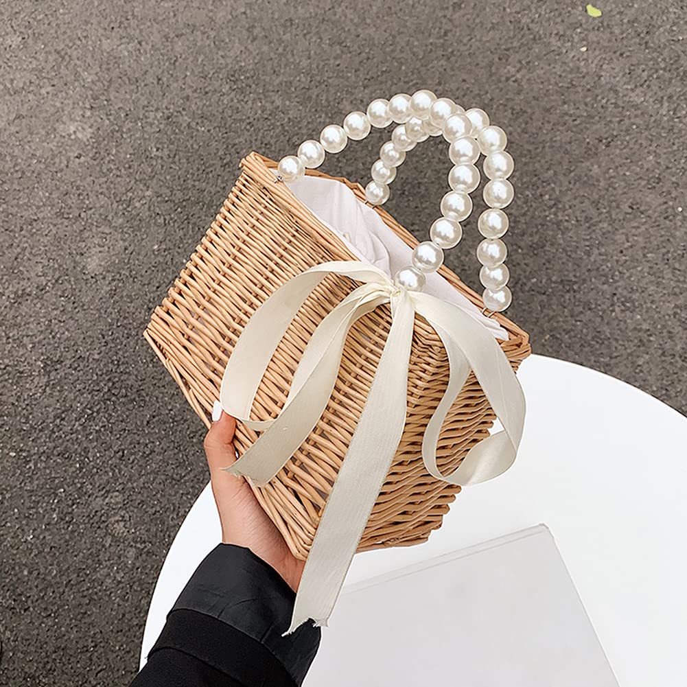 Pearl Handle Rattan Handbag, Straw Shoulder Bag Tote Bags, Mini Basket Handbag