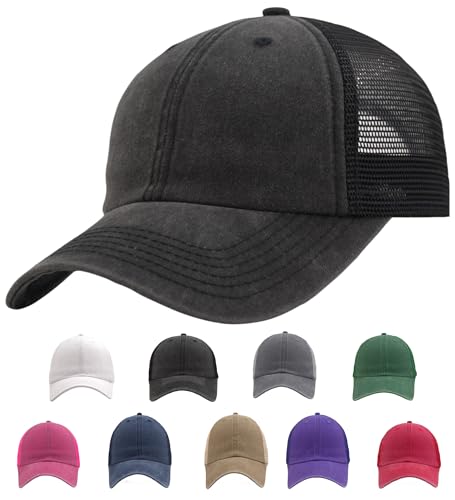 Vintage Washed Snapback Summer Trucker Baseball Hat for Women, Unstructured Cotton Crown/Soft Mesh/Flexible Visor/Foldbale for Pocket-Black