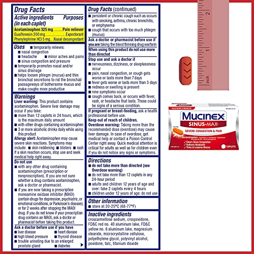 Maximum Strength Mucinex Sinus-Max Severe Congestion Relief Caplets, 20 Count, Clears Sinus & Nasal Congestion, Relieves Headache & Fever, Thins & Loosens Mucus