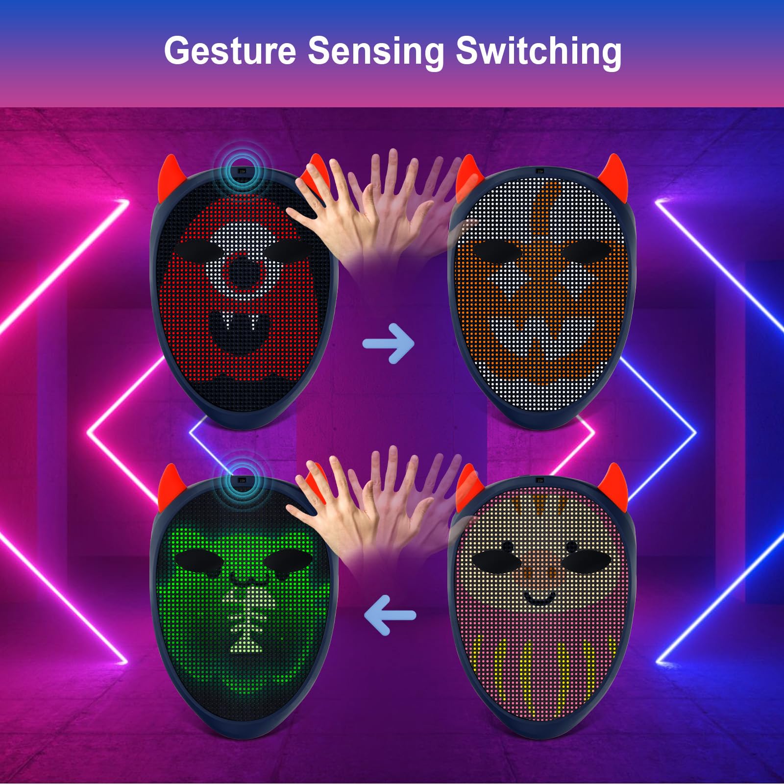 NAFEELION LED Mask with Bluetooth Compatible App Controlled, Rechargeable Halloween LED Light Up Face Mask with Inter Gesture Sensing, Suitable for Costume Cosplay Halloween Party Masquerade