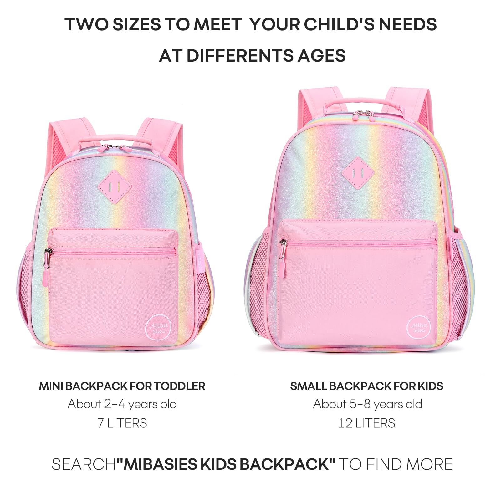 mibasies Toddler Backpack for Girls 2-4, Kindergarten Backpack for Girls, Rainbow Backpack for Preschool Daycare, Mini, Pink Blue Rainbow