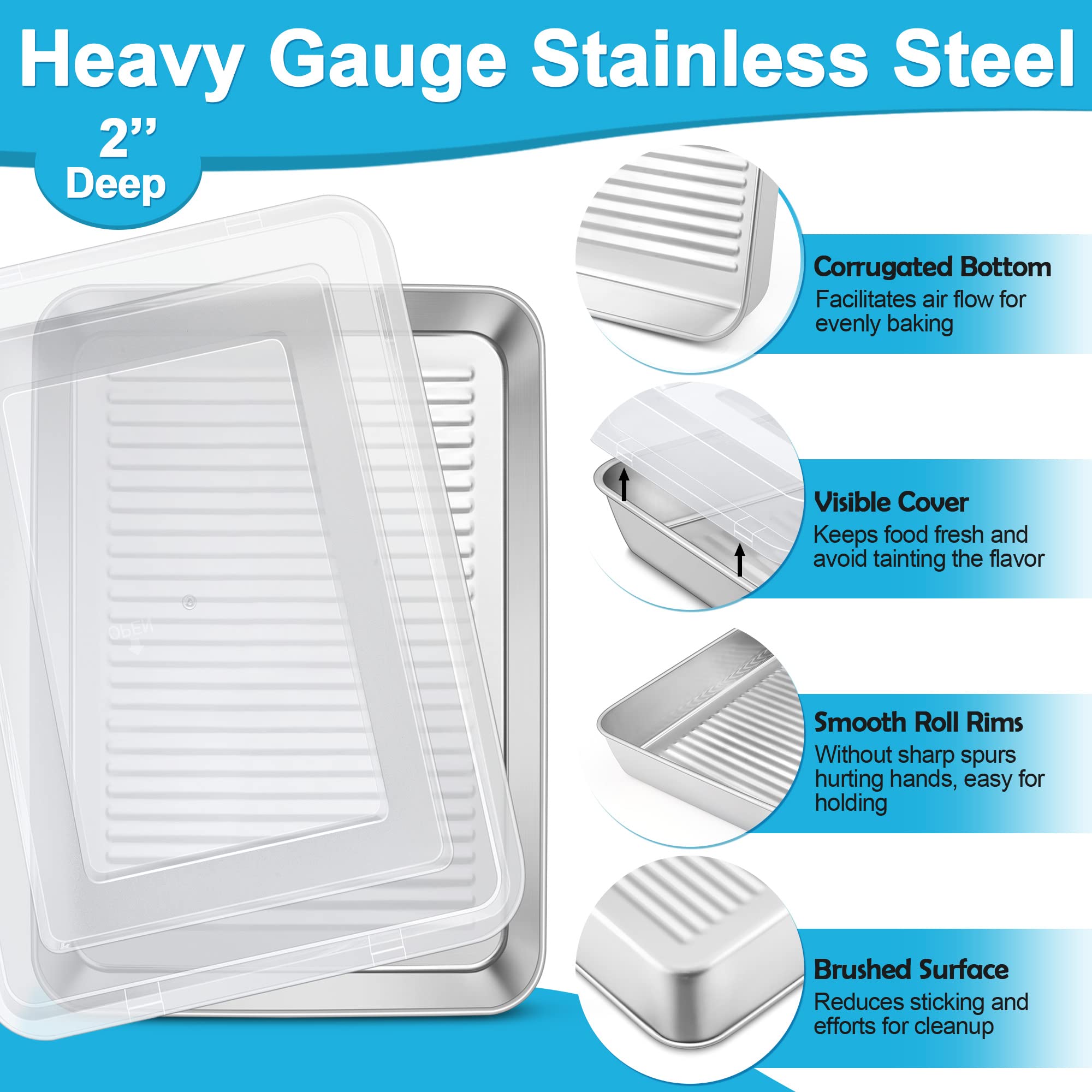 TeamFar Lasagna Pan, 12.4 Inch Stainless Steel Rectangular Textured Baking Pan with Lid, Corrugated Bottom & Deep Side, Non-Toxic & Heavy Duty, Dishwasher Safe - (2 Pans + 2 Lids)