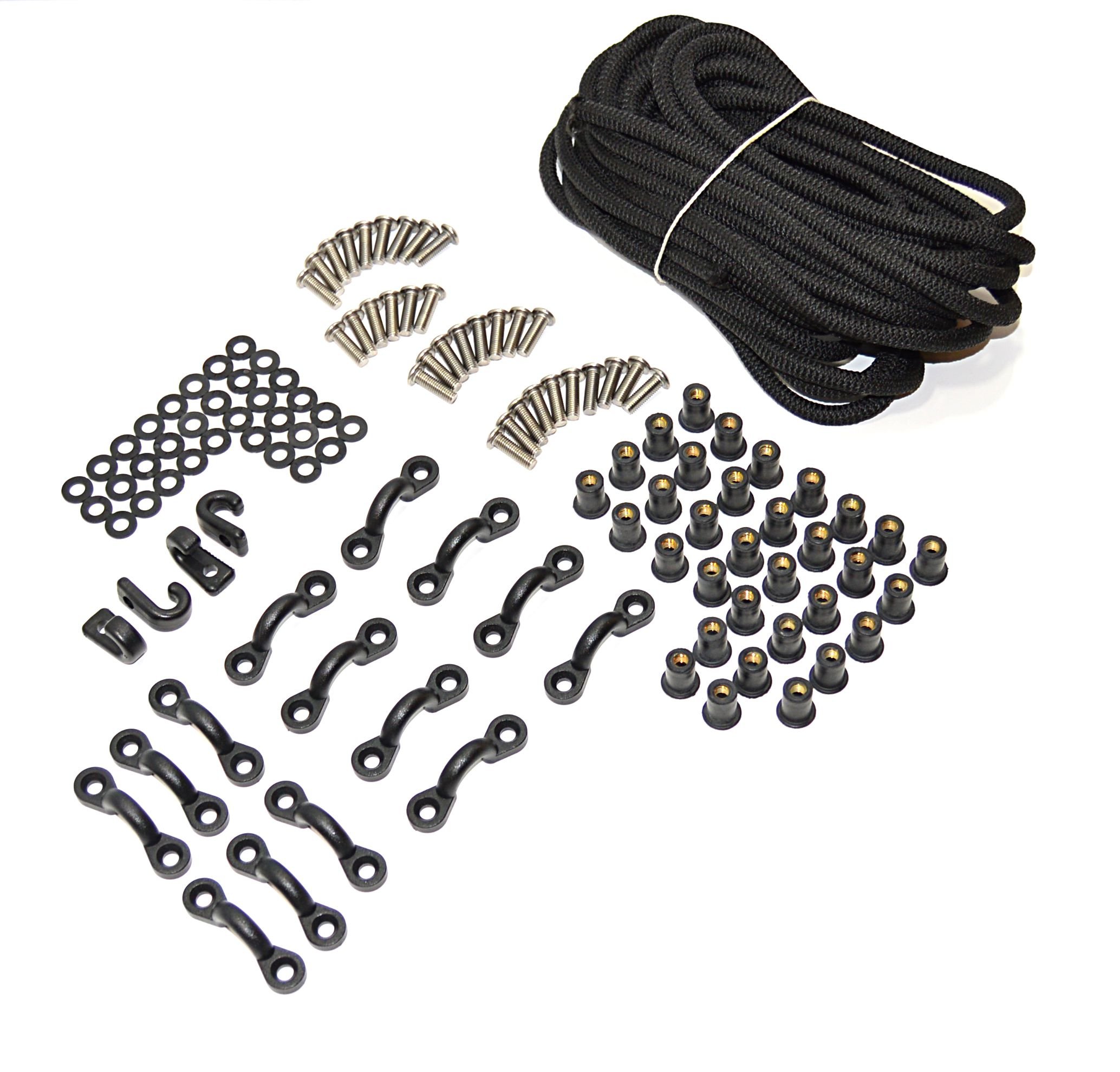 Marine Masters Expanded Deck Rigging Kit Accessory for Kayaks Canoes and Boats with Wellnuts (Black Stainless Steel)