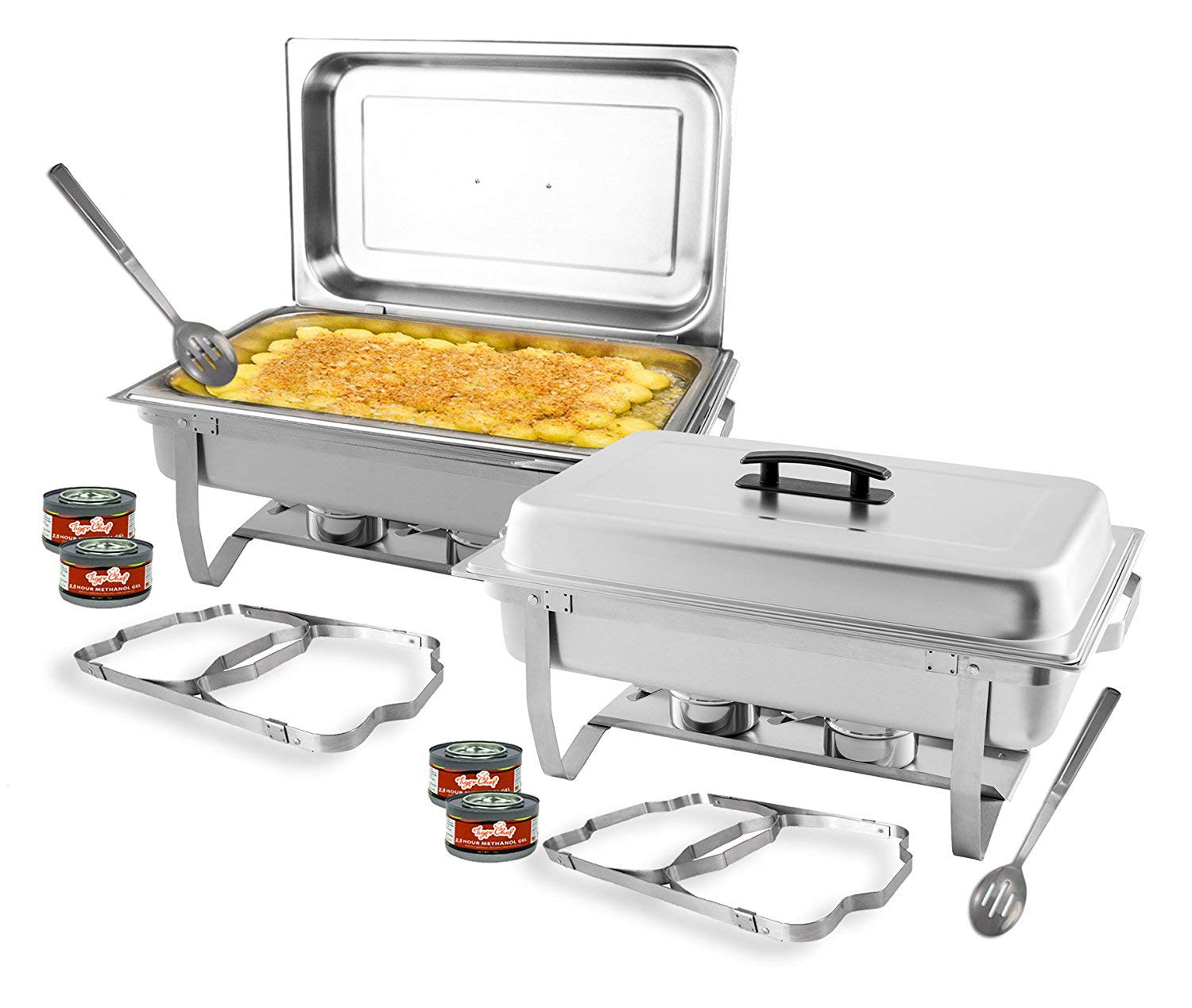 TigerChef Chafing Dish Buffet Set - Chaffing Dishes Stainless Steel - 2 Sets of Chafers and Buffet Warmer Sets: 4 Chafing Gels, 2 Slotted Spoons and Foldable Frame - Food Warmers for Parties Buffets