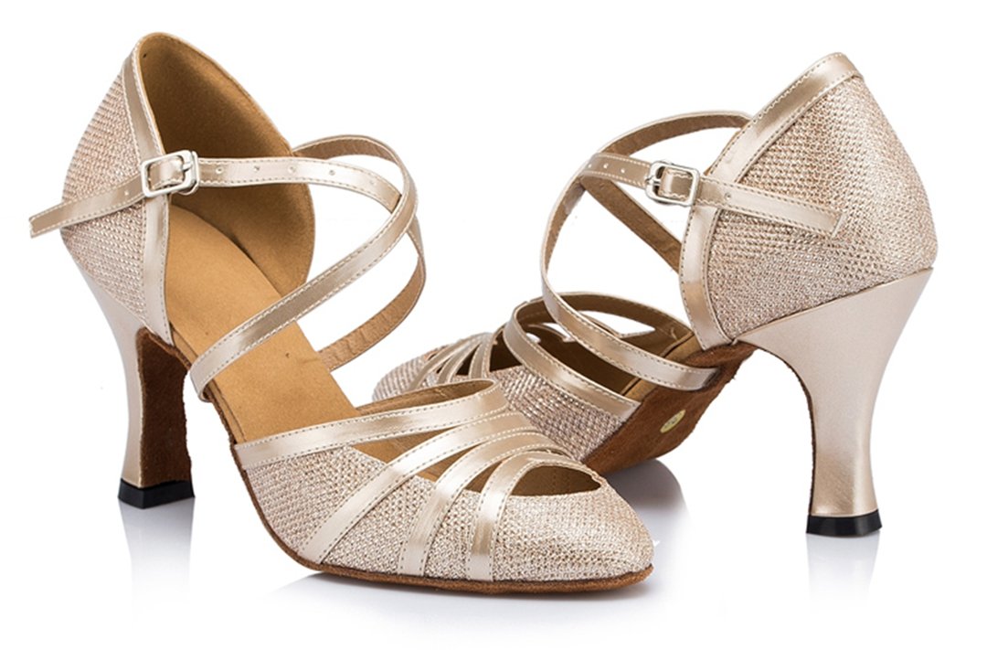 TDA CM105 Womens Ankle Strap 8cm Champagne Glitter Synthetic Salsa Tango Ballroom Latin Wedding Party Dance Shoes 4 M US