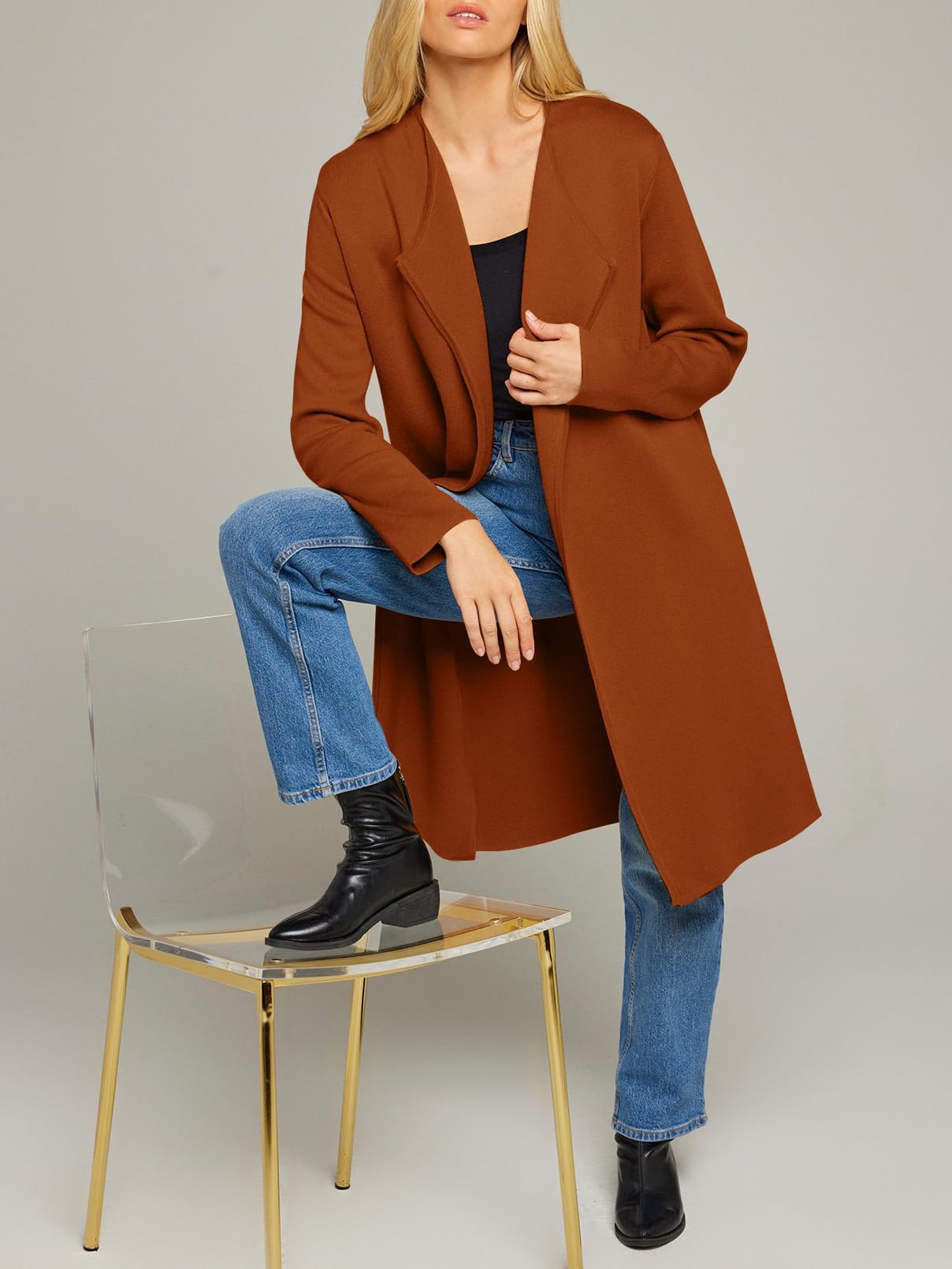 MEROKEETY Womens Fall Long Sleeve Dressy Cardigan Classy Loose Cozy Knitted Long Sweater Jackets, Caramel, L