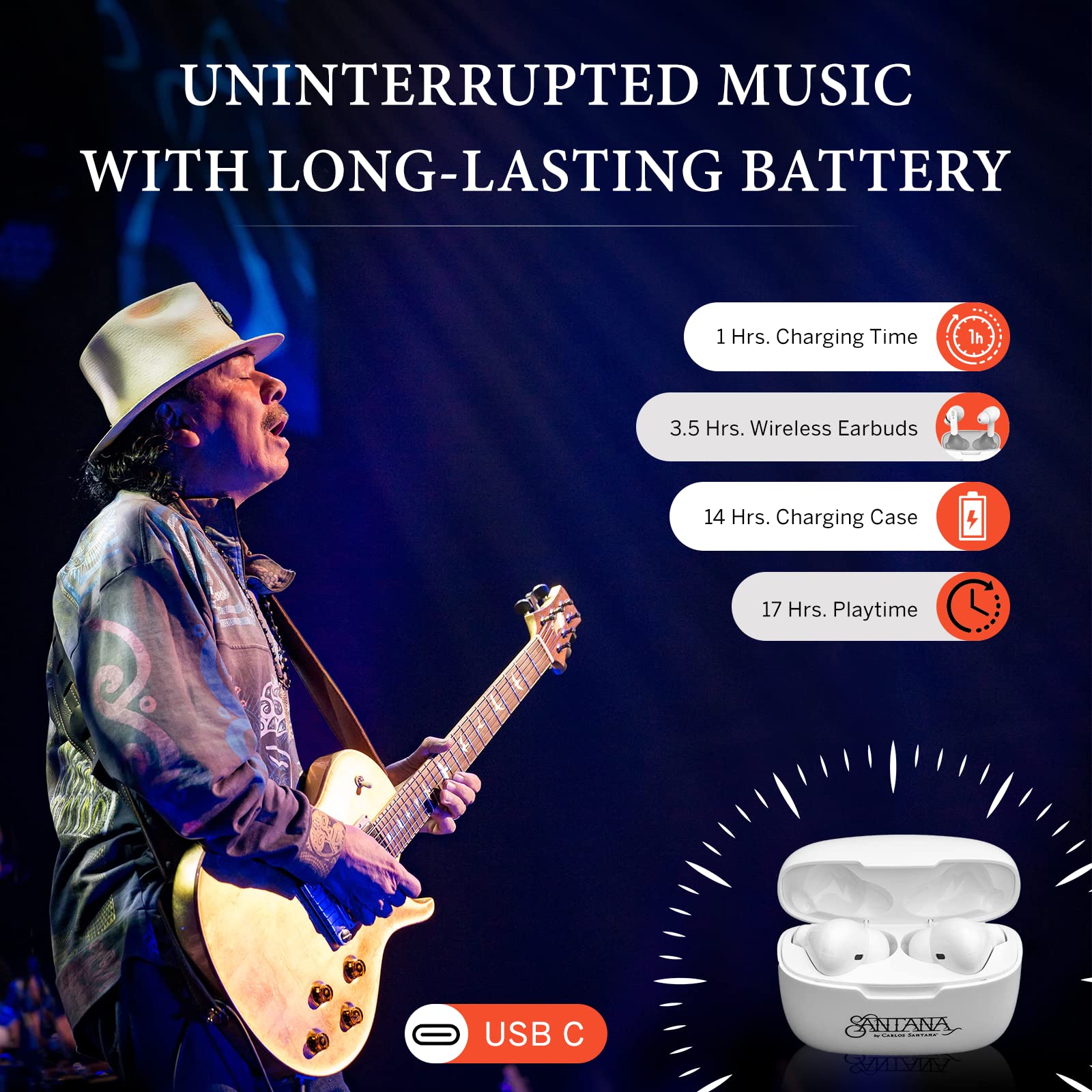 Mambo by Carlos Santana, True Wireless Earbuds Bluetooth Headphones with Charging Case, Bluetooth Earbuds with Voice Isolating Microphone, Deep Bass Stereo Headsets for Sports & Gaming, White