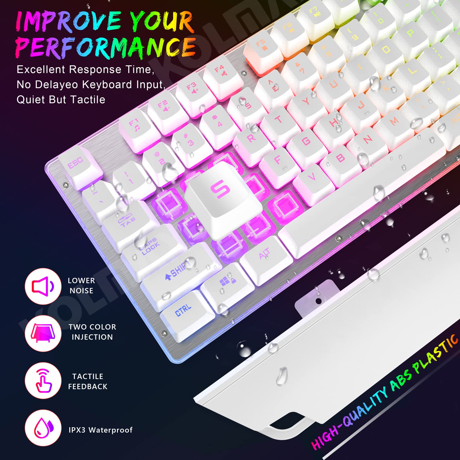 White Gaming Keyboard Colorful Rainbow Backlit Keyboard with Ergonomic Detachable Wrist Rest,Transparent Aluminum Panel Keyboard with Mechanical Feeling 104 Keys for PC PS4 Xbox Mac Office/Gaming