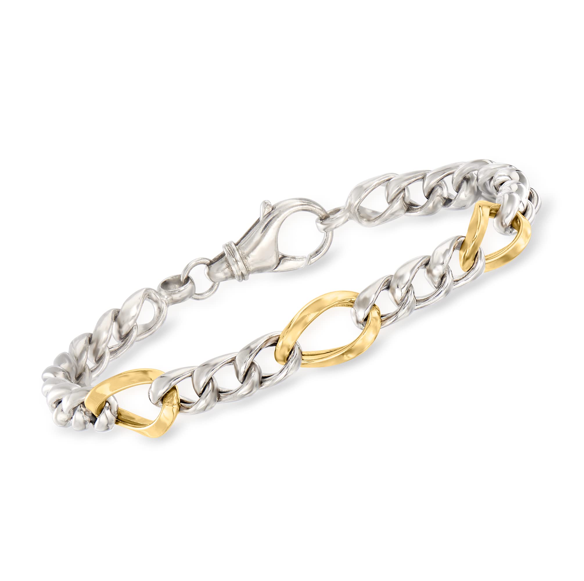 Ross-Simons Sterling Silver and 14kt Yellow Gold Curb-Link Bracelet. 7 inches